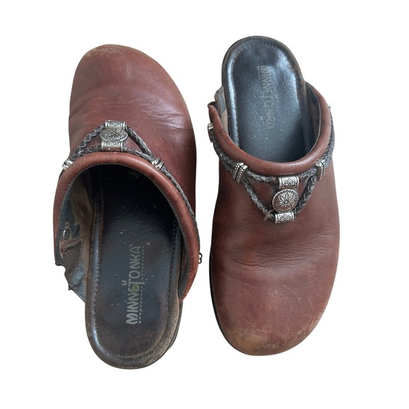 Minnetonka | Shoes | Minnetonka Leather Clogs Mules Brown Braided ...